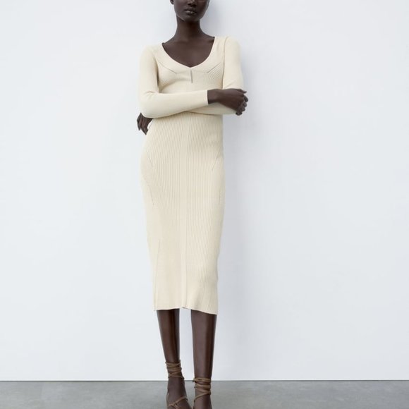 Zara | Dresses | Nwt Ecru Cream Beige Rib Knit Midi Dress | Poshmark
